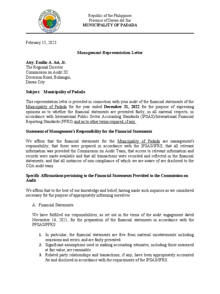 Management Representation Letter 2022 | PDF | Audit | Internal Control