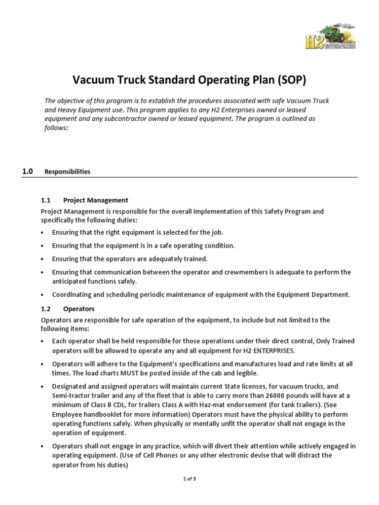 H2 Vacuum Truck and Heavy Equipment SOP 1 2 | Download Free PDF | Truck | Vehicles
