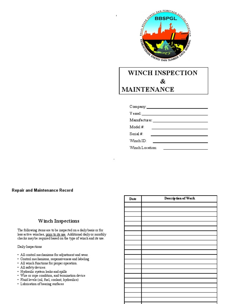 Winch Inspection Checklist | PDF | Computers | Technology & Engineering