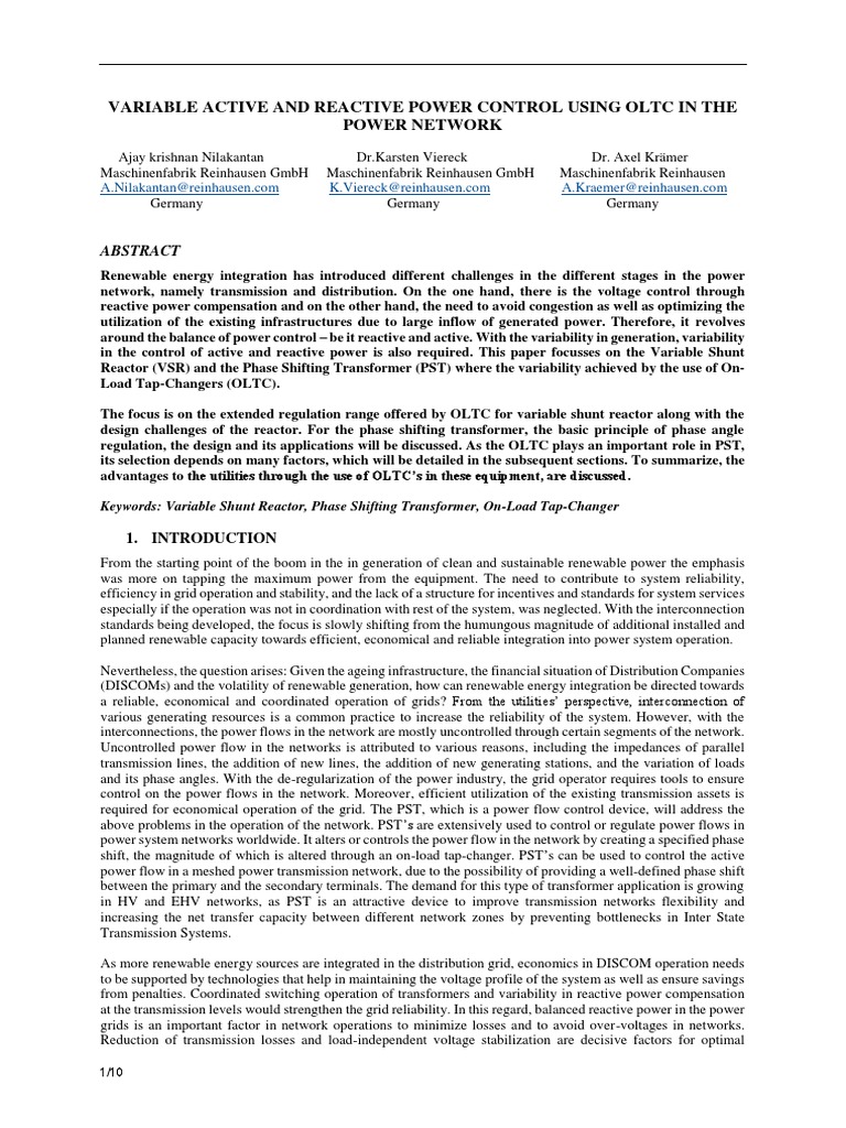Variable Active And Reactive Power Control Using Oltc In The Power Network Pdf Electric