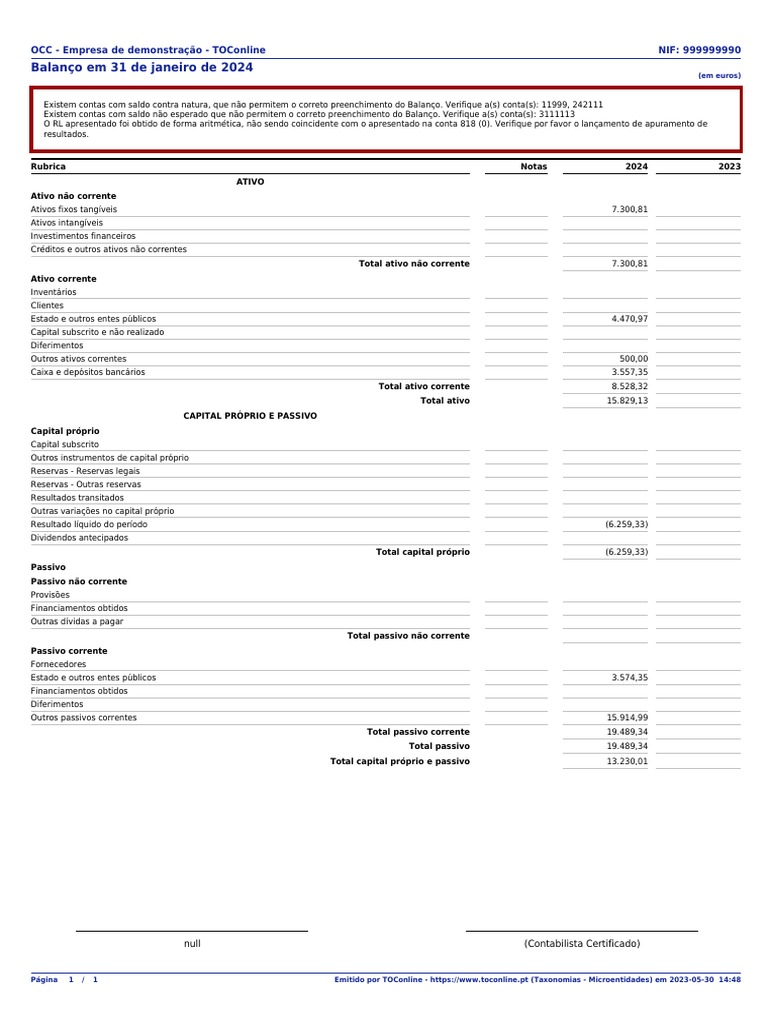 Balanco 999999990 30 05 2023 | PDF | Capital próprio (finanças) | Balancete
