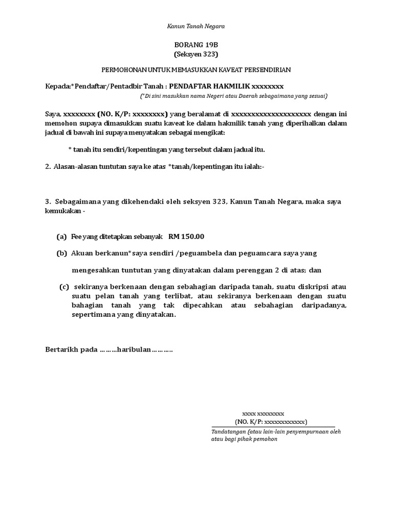 KAVEAT PERSENDIRIAN 19B (Sample) | PDF