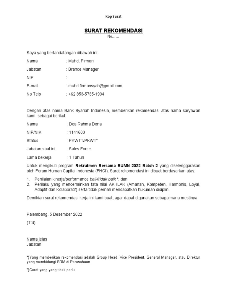 Template Surat Rekomendasi | PDF