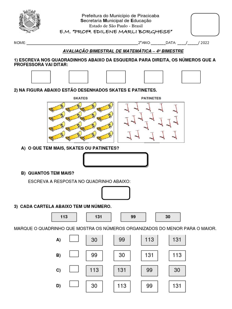 Avaliação De Matemática 2 Ano Pdf