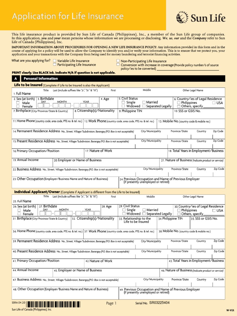 Sun Life App Form Reg SR03225404 | PDF | Life Insurance | Insurance
