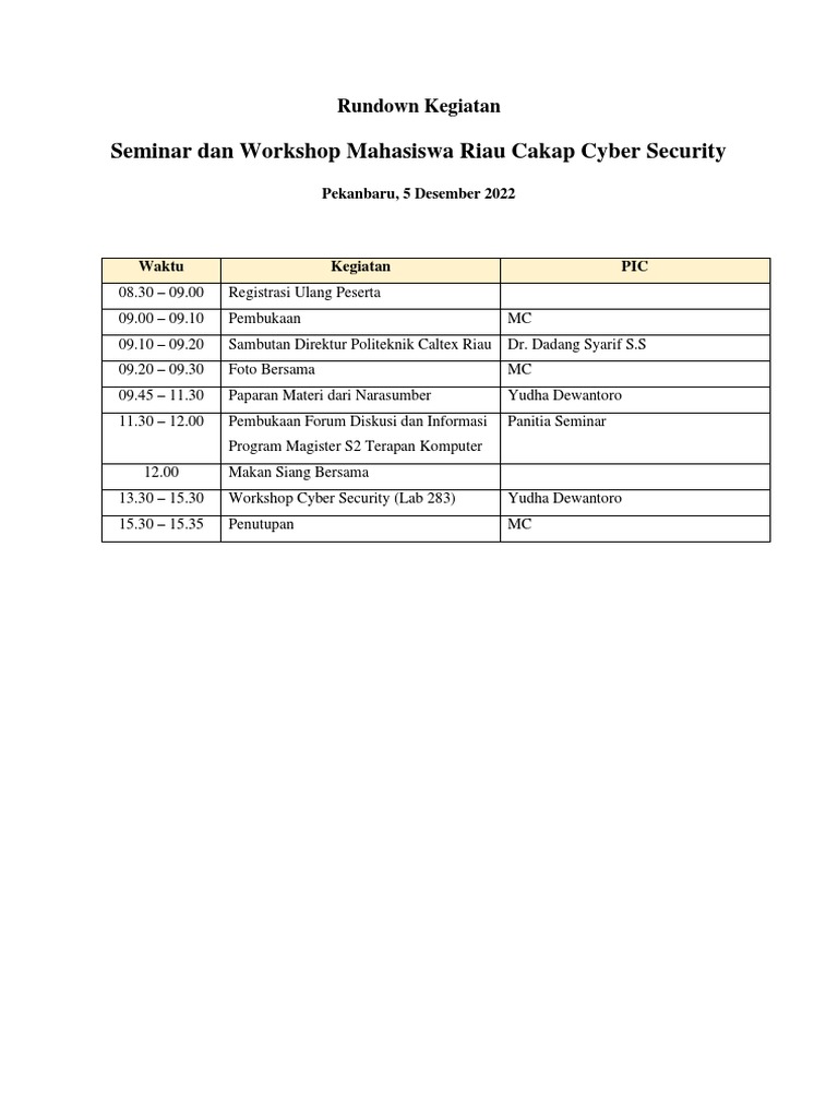 Rundown Kegiatan Seminar Cyber Security | PDF