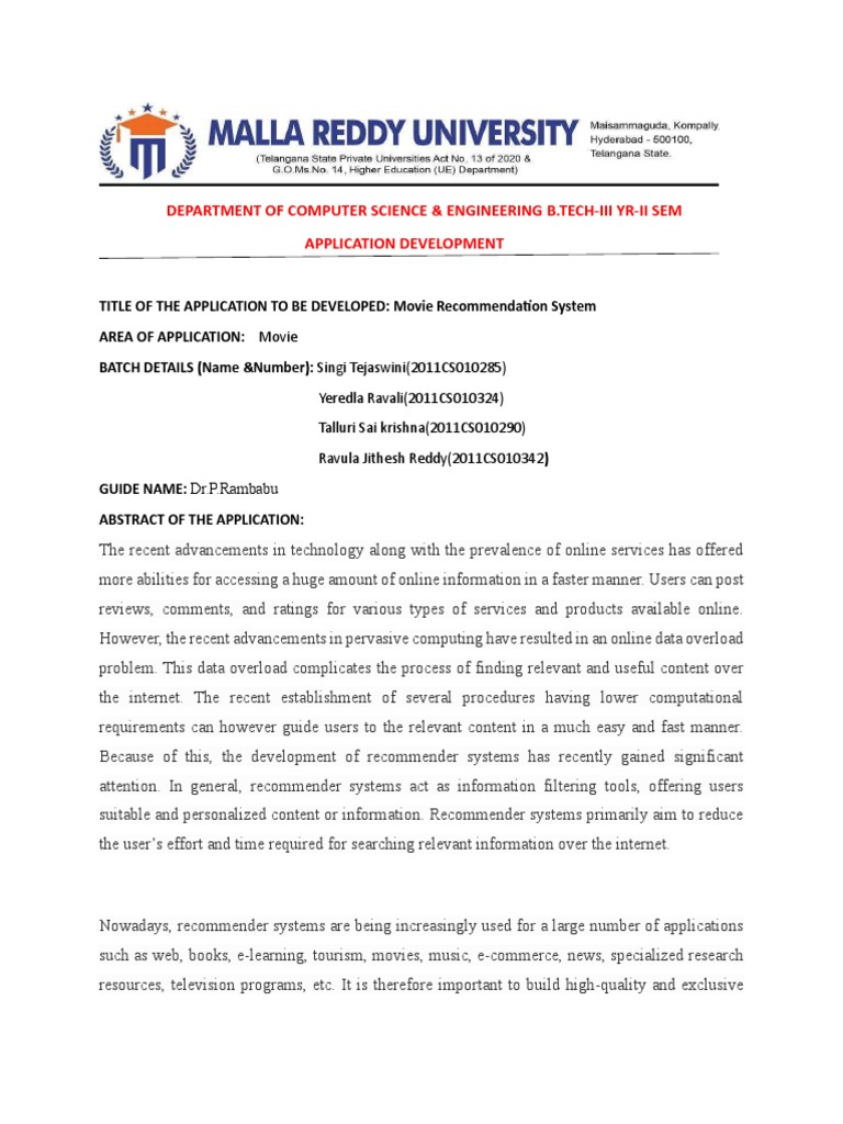 Movie Recommender for Students | PDF | Internet | Information