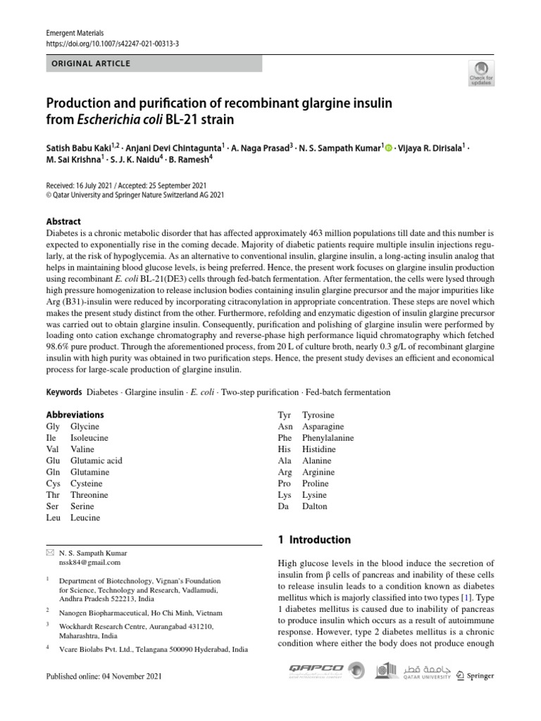 12 Production and Purification of Recombinant Glargine Insulin From Escherichia Coli BL-21 ...