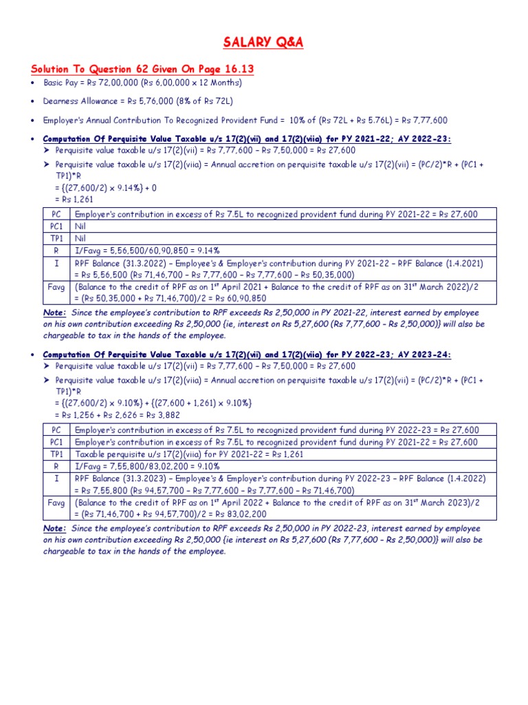 Salary Q&A Solution To Question 62 As Per PY 2022 23 AY 2023 24 | PDF | Employee Benefits ...