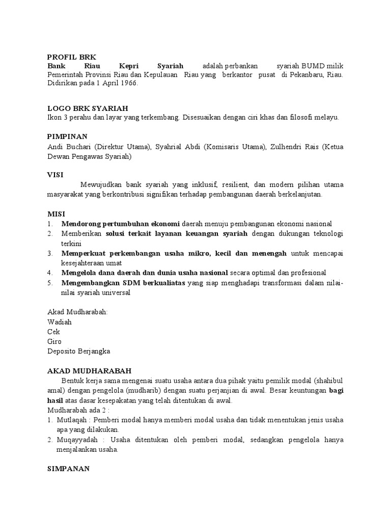 Bank Riau Kepri Syariah: Profil BRK | PDF