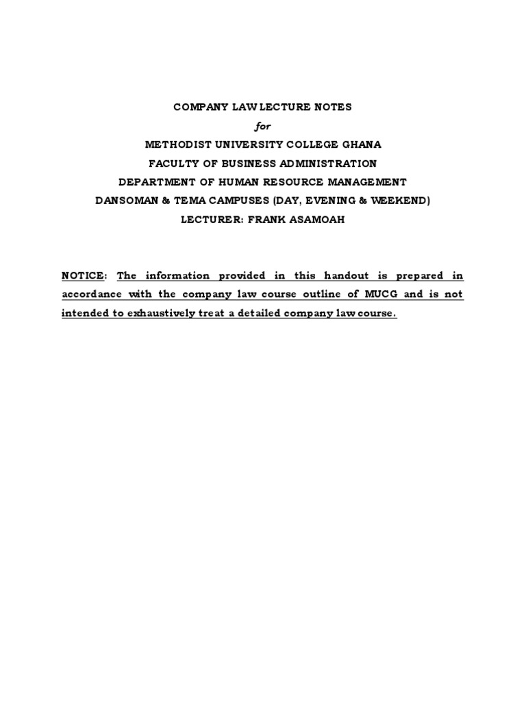 Company Law Lecture Notes Tracked Nov15 2020 Pdf Fiduciary