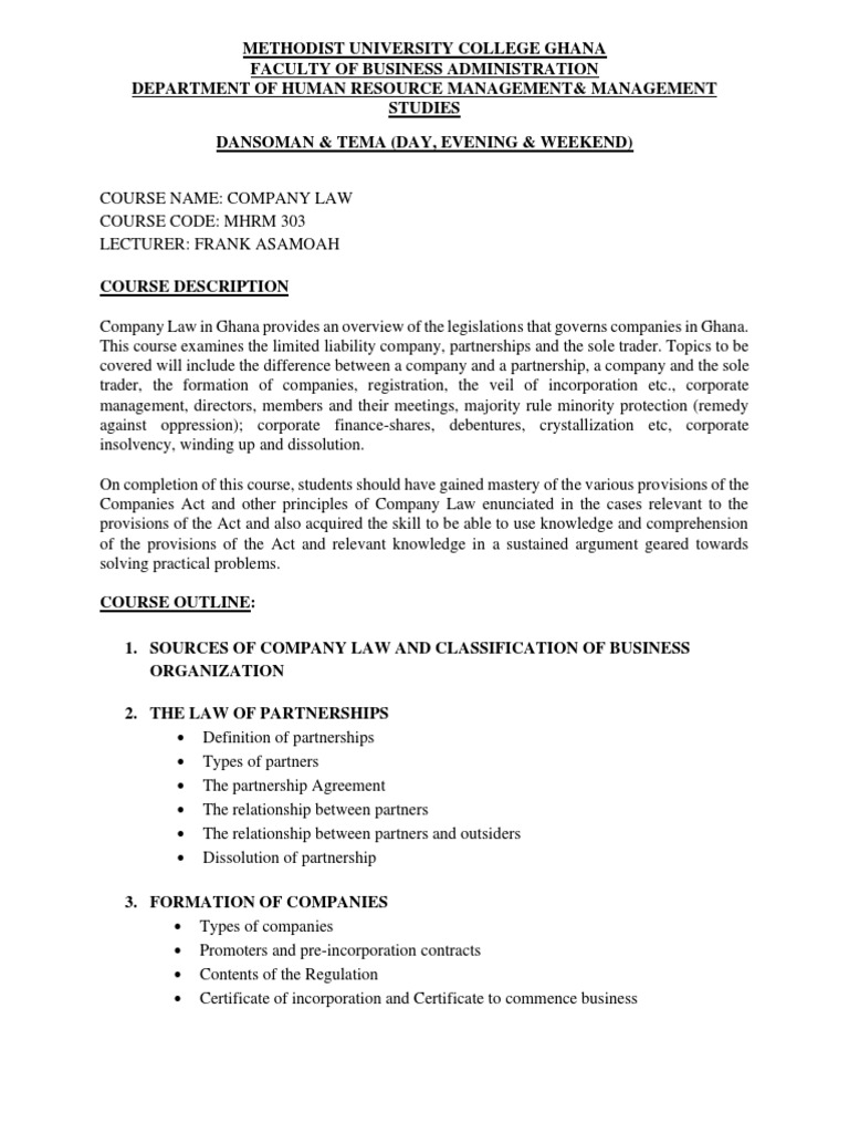 Company Law-Course Outline-2021 | PDF | Partnership | Companies