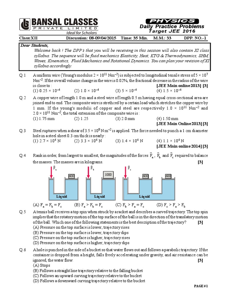 DPP (1-3) 12th Physics - E - WA | PDF | Trajectory | Liquids