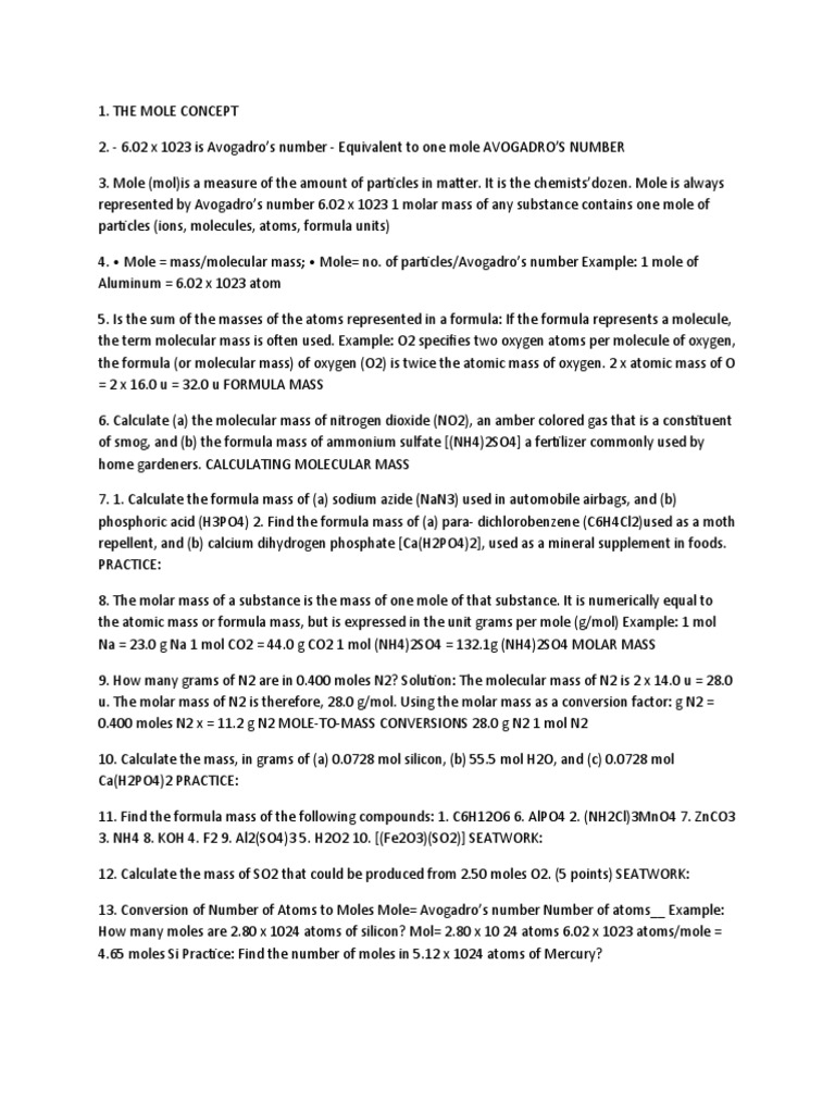 Mole Concept | PDF | Mole (Unit) | Molecules