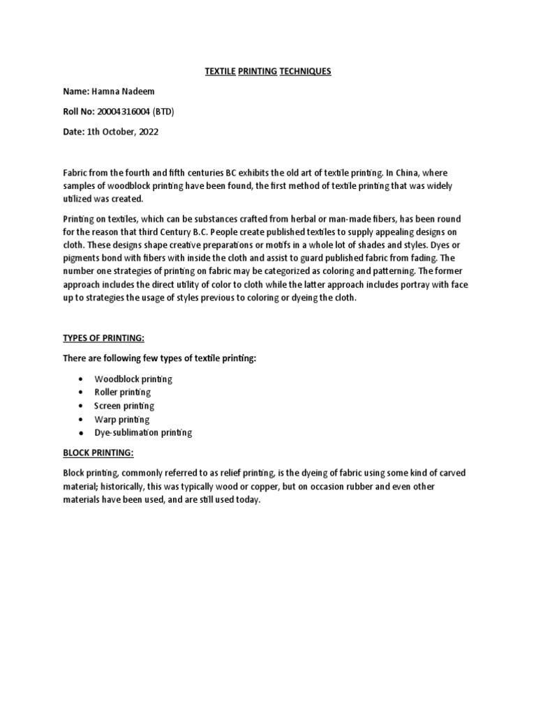 Textile Assignment 1 | PDF | Textiles | Printing