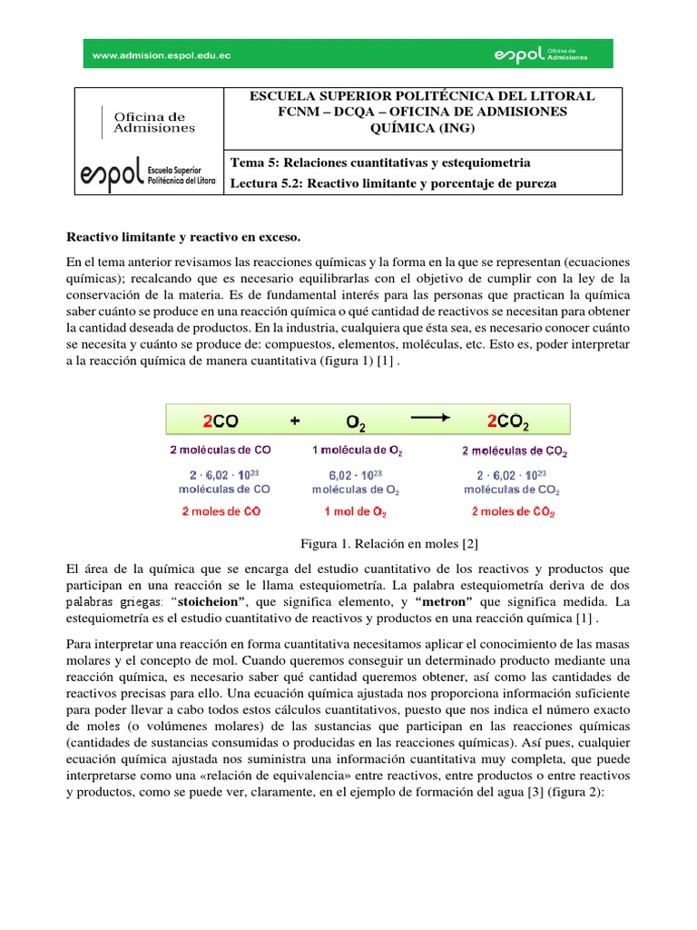 Lectura 5.2-Reactivo Limitante-% de Pureza y Rendimiento | PDF | Estequiometría | Reacciones ...