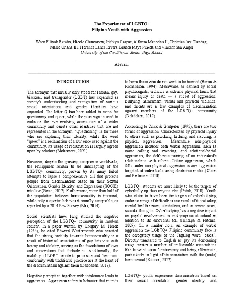 The Experiences of LGBTQ Filipino Youth With Aggression Final Chapter 1 ...
