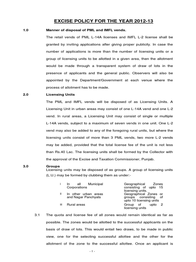 Excise Policy For Patiala Division For 2012-13 | PDF | Alcoholic ...