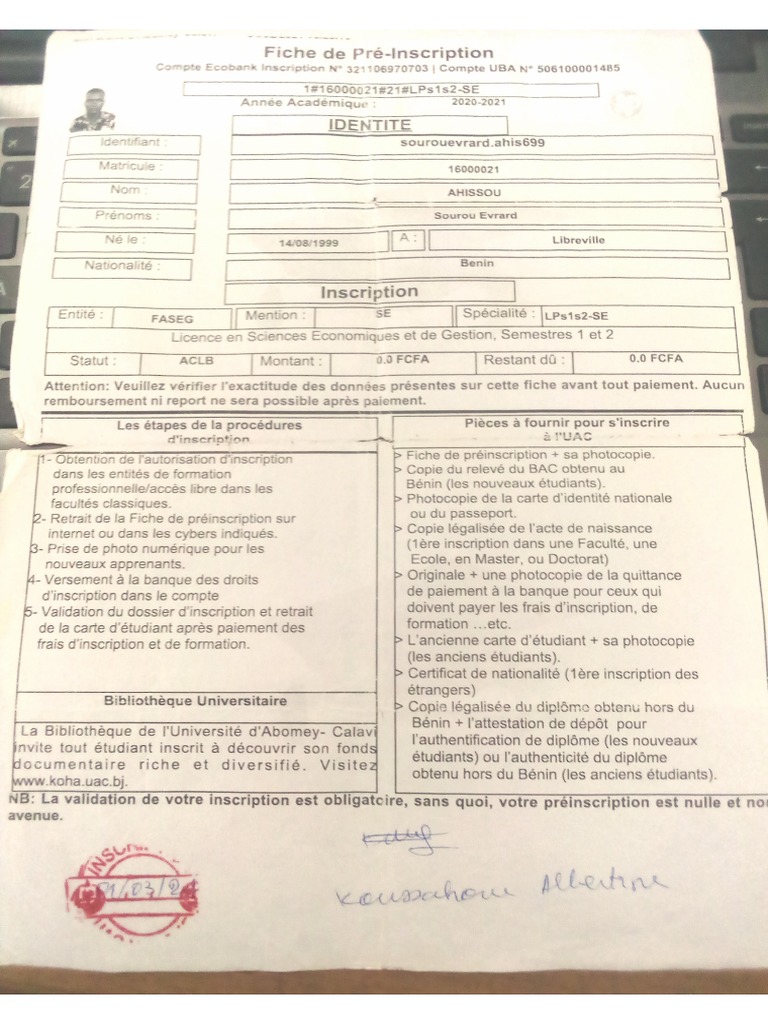 Fiche de Préinscription L1 | PDF