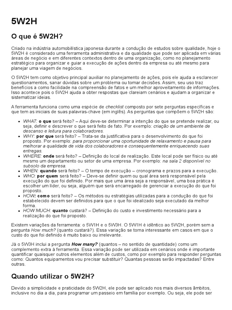 Aplicação da Ferramenta 5W2H | PDF | Planejamento estratégico ...
