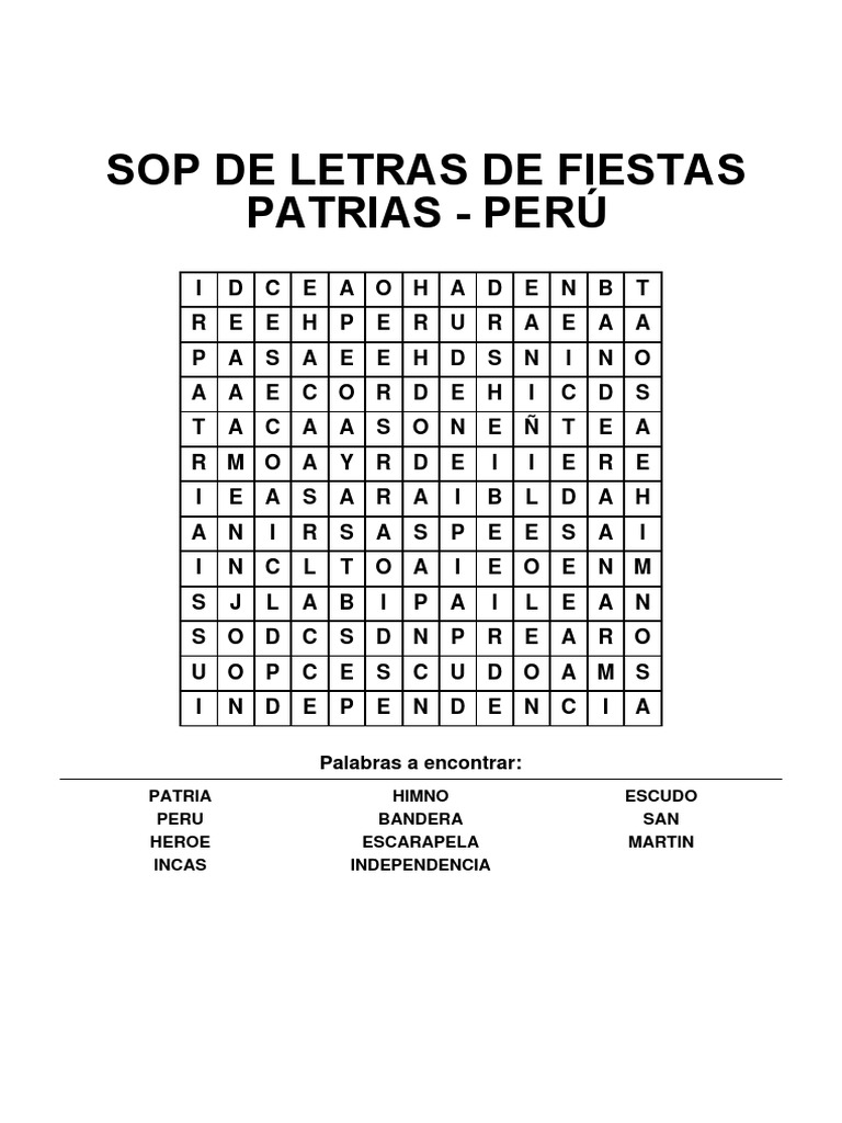 Sopa de Letras de Fiestas Patrias Peru | PDF