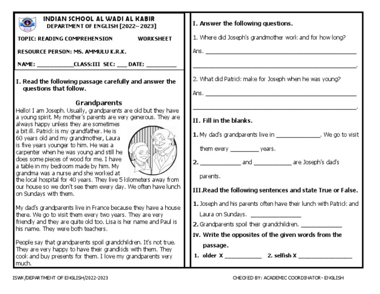 Grandparents Reading Comprehension Worksheet | PDF | Grandparent ...