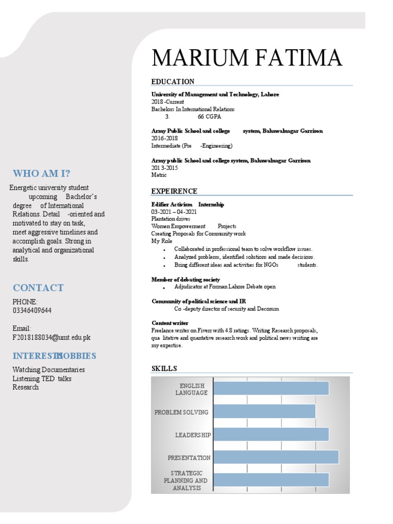 Marium Fatima CV | PDF | Cognitive Science | Cognition