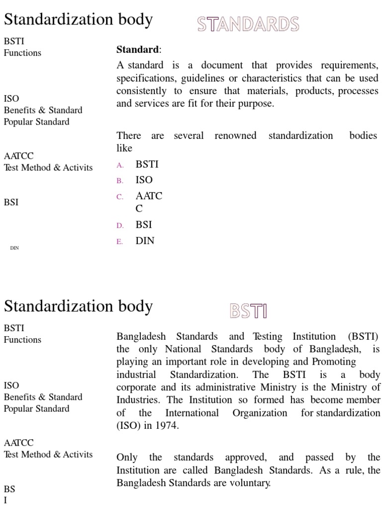 Lecture 01 Standard Body | PDF | Standardization | Textiles