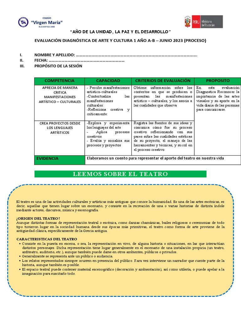 1° Arte Y Cultura Evaluacion Diagnostica Proceso 2023 Pdf Teatro 5446