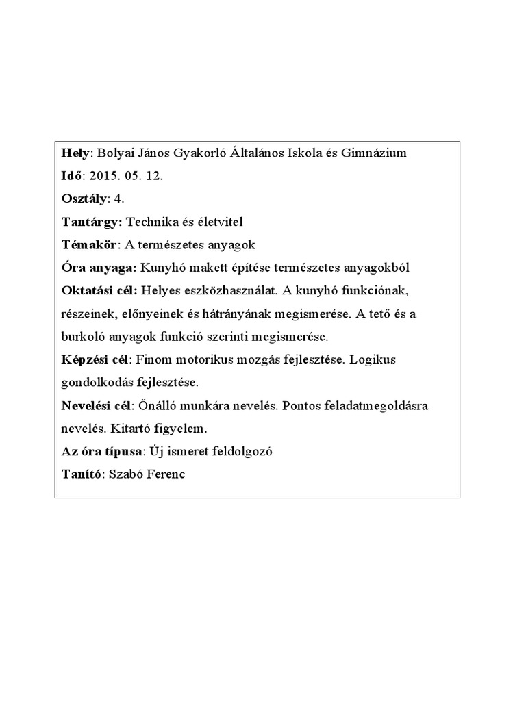 Szabó Ferenc Technika Óravázlat | PDF