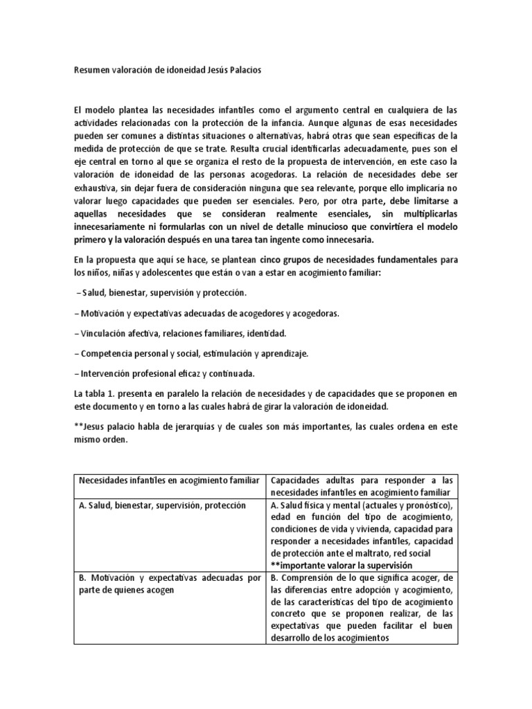 Resumen Valoración de Idoneidad Jesús Palacios | PDF | Familia | Orfanato