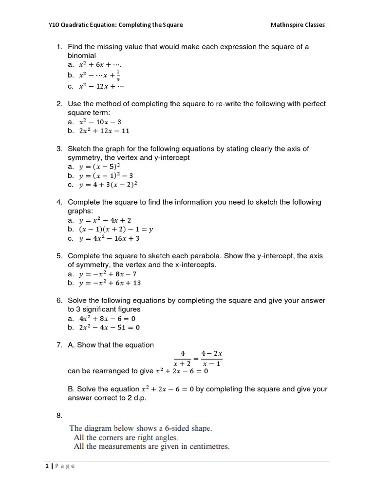 Y10HW Completing The Square | PDF