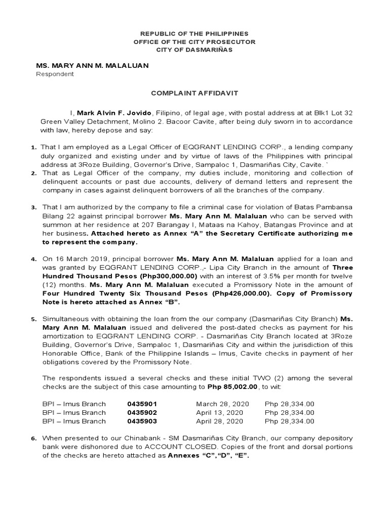 Complaint Affidavit Malaluan Pdf Loans Banks