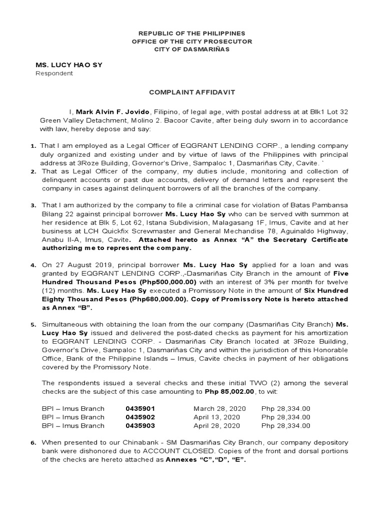 Complaint Affidavit-Lucy Hao Sy | PDF | Affidavit | Common Law