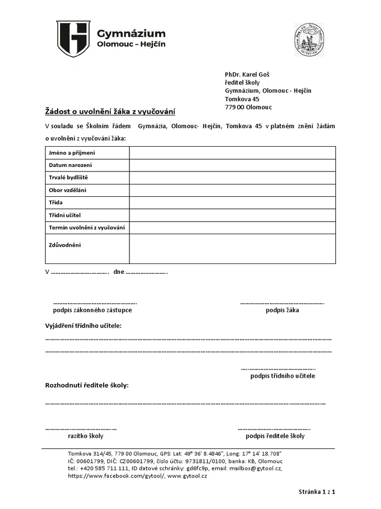 Zadost o Uvolneni Z Vyucovani | PDF