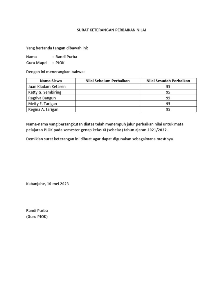 Surat Keterangan Perbaikan Nilai PJOK | PDF