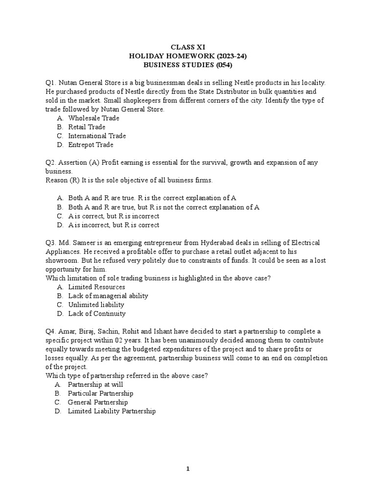 Class Xi BST Holiday Homework | PDF | Partnership | Sole Proprietorship