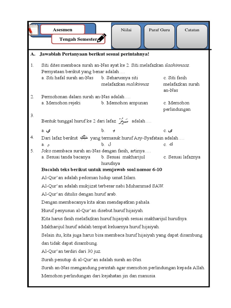 Asesmen Tengah Semester 1 - PAI Kelas 2 - Fix | PDF