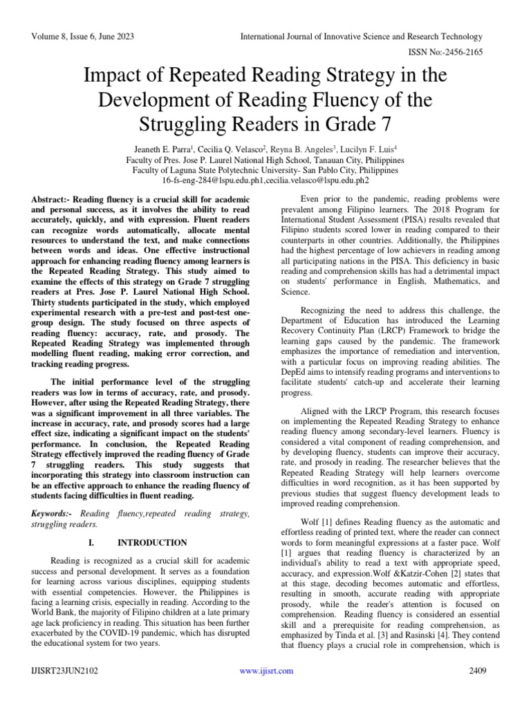 Improving Grade 7 Reading Fluency | PDF | Fluency | Reading Comprehension