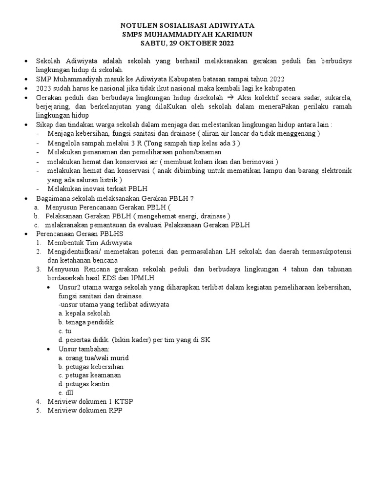 Notulen Adiwiyata, 29 Oktober 2022 | PDF