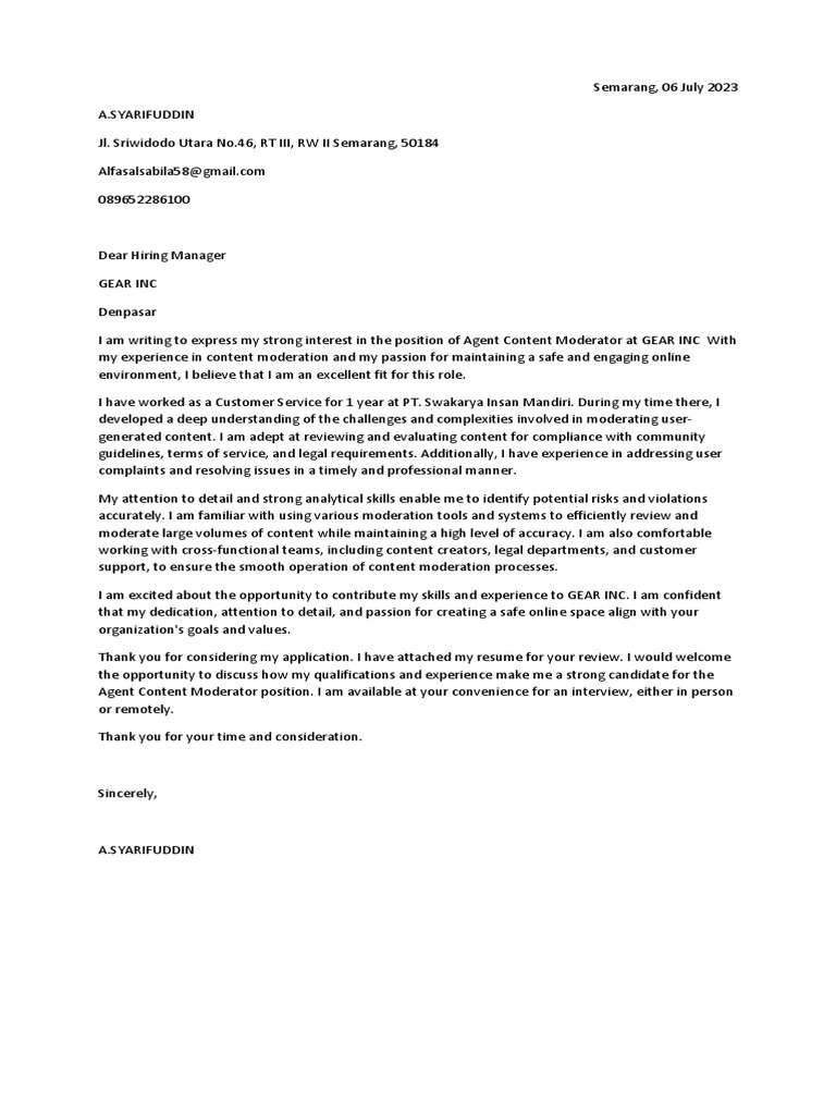 COVER LETTER Content Moderator | PDF
