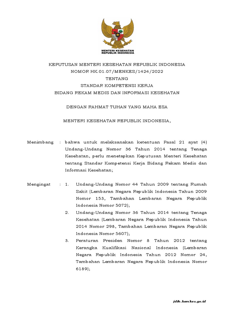 KMK No. HK.01.07-MENKES-1424-2022 TTG Standar Kompetensi Kerja Bidang Rekam Medis Dan Informasi ...
