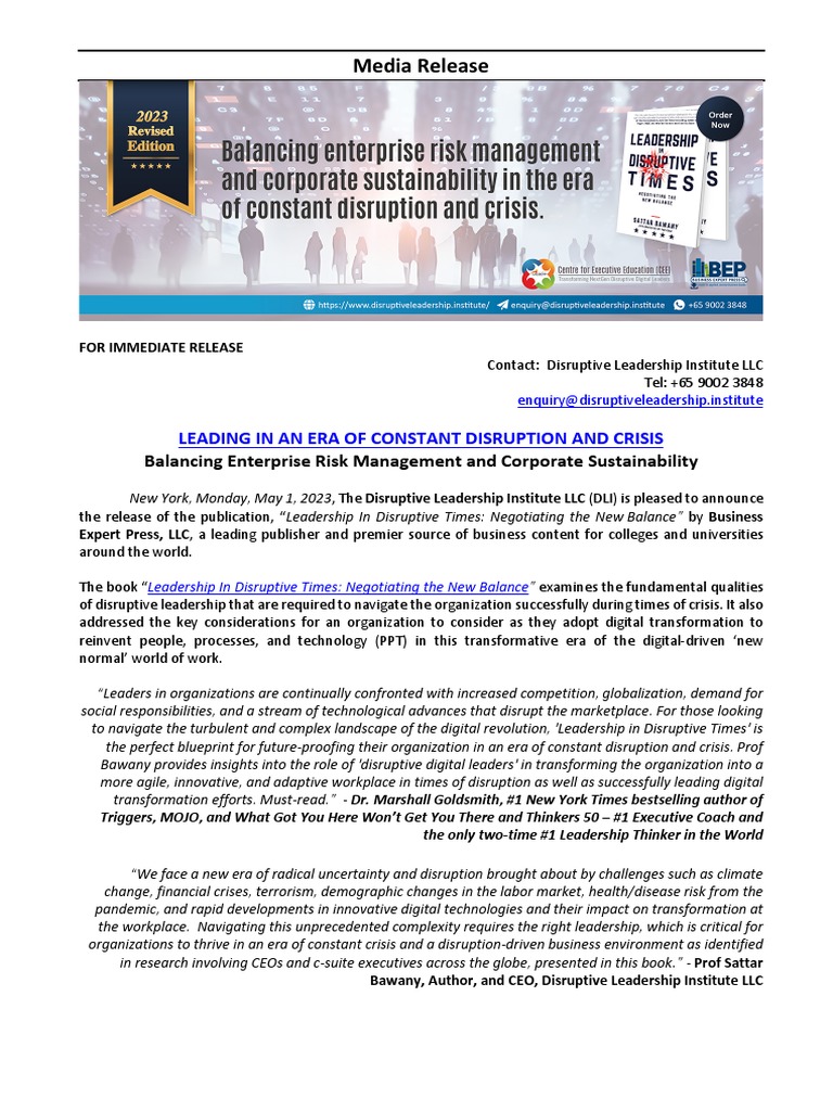 Press Release On 2023 Rev Edition Leadership in Disruptive Times | PDF ...