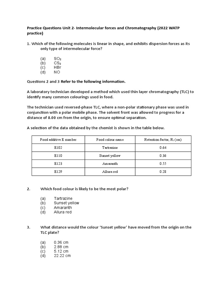 Practice Questions Unit 2 Pdf Thin Layer Chromatography Chromatography