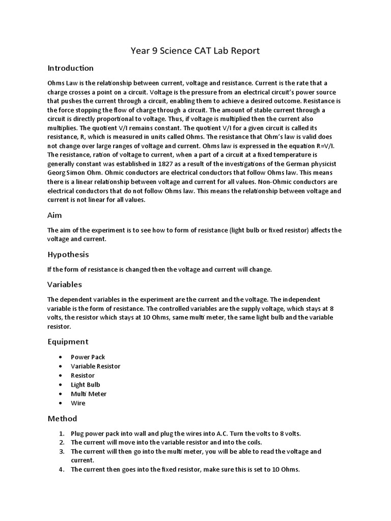 Year 9 Science CAT Lab Report | PDF | Electrical Resistance And ...