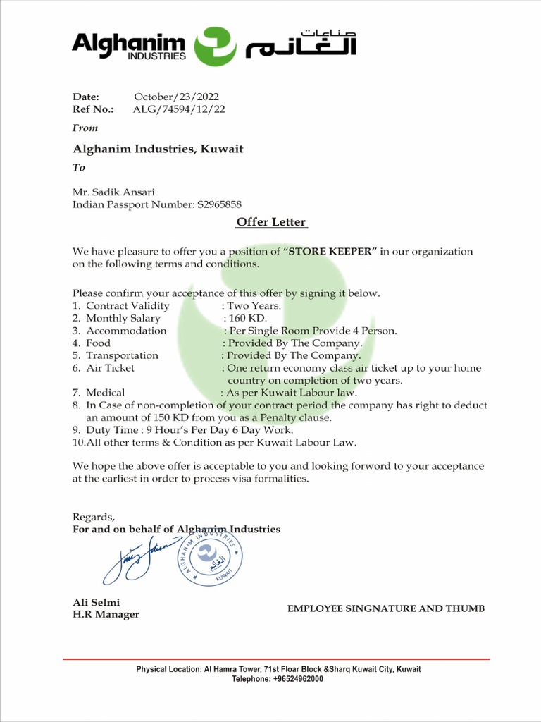 MR Sadik Ansari Offer Letter | PDF