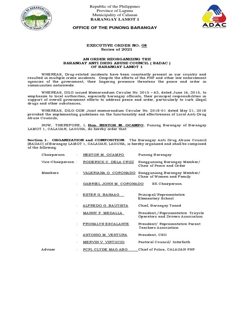 Calauan - Lamot 1 - 4 A (BADAC EO AUXILIARY TEAM) | PDF | Substance Abuse | Drug Rehabilitation