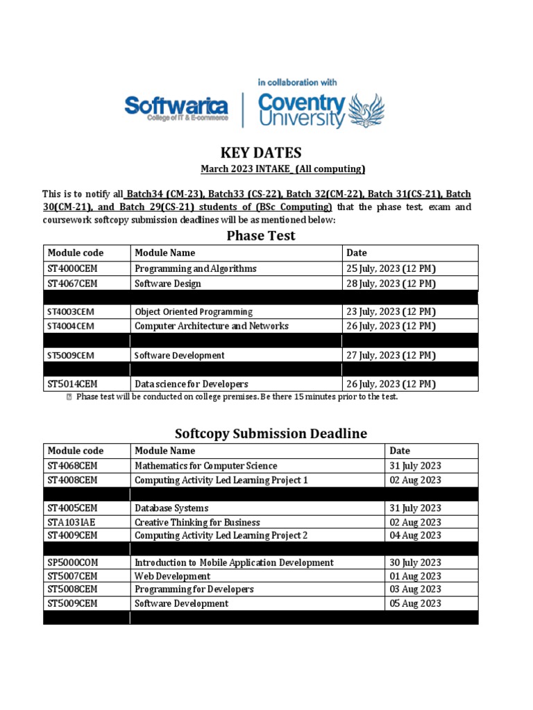Computing Course Deadlines 2023 | PDF | Software Development | Computing