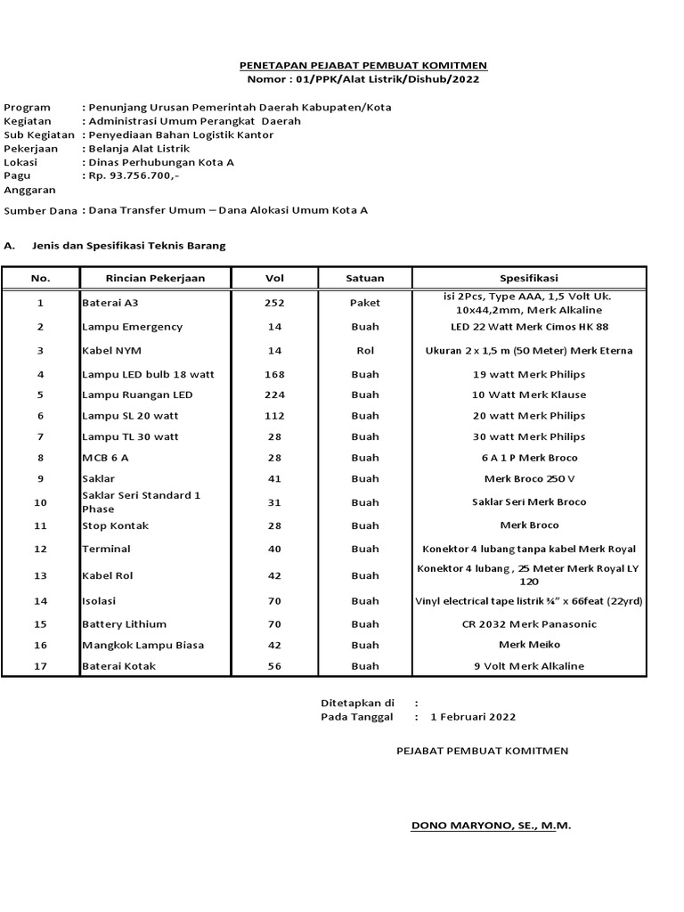 Contoh Spesifikasi Teknis | PDF