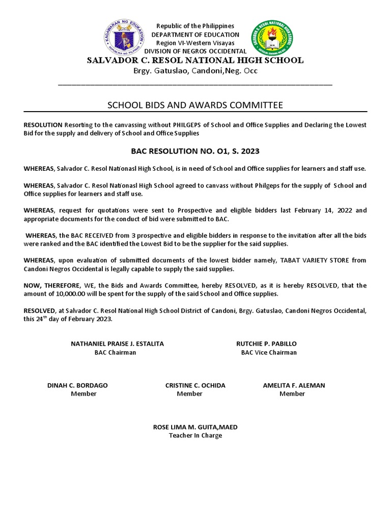 BAC Resolution No. 01 S. 2023 | PDF